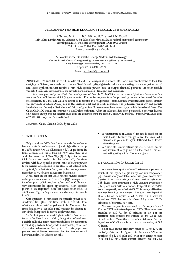 (PDF) Development of high efficiency flexible CdTe solar cells