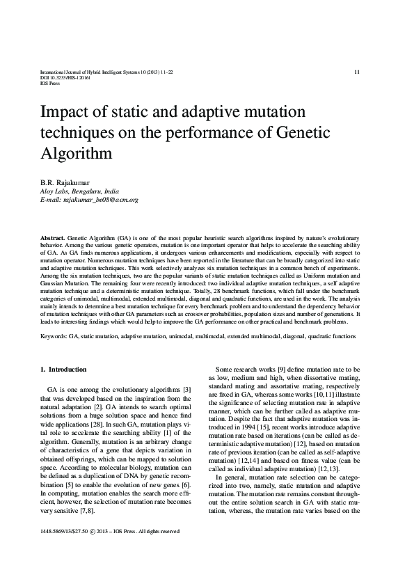 Pdf Impact Of Static And Adaptive Mutation Techniques On The Performance Of Genetic Algorithm 