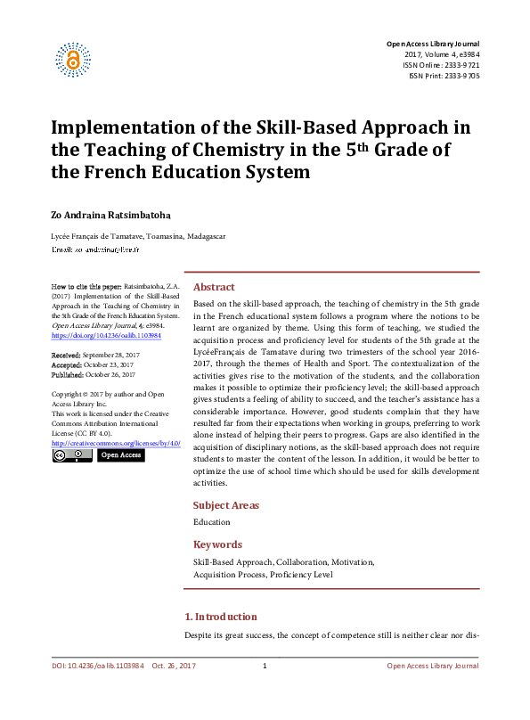 (PDF) Implementation of the Skill-Based Approach in the Teaching of Chemistry in the 5th Grade ...
