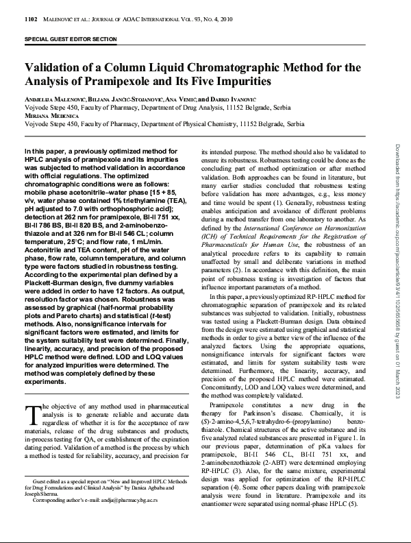 Pdf Validation Of A Column Liquid Chromatographic Method For The Analysis Of Pramipexole And