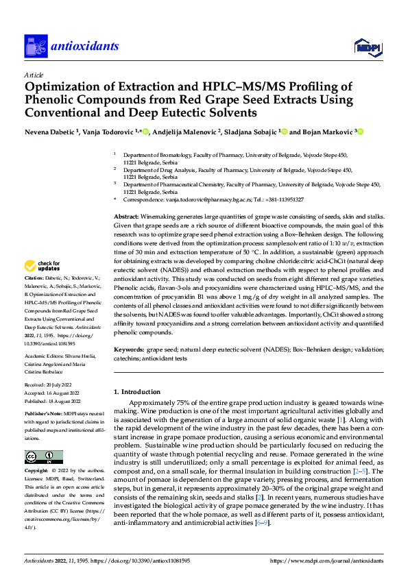 (PDF) Optimization of Extraction and HPLC–MS/MS Profiling of Phenolic Compounds from Red Grape ...