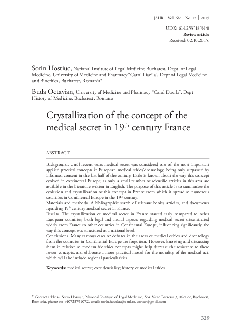 (PDF) Crystallization of the concept of the medical secret in 19th ...