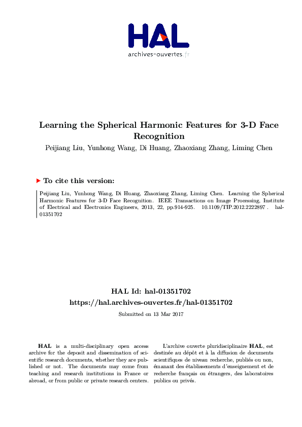 (PDF) Learning the Spherical Harmonic Features for 3-D Face Recognition
