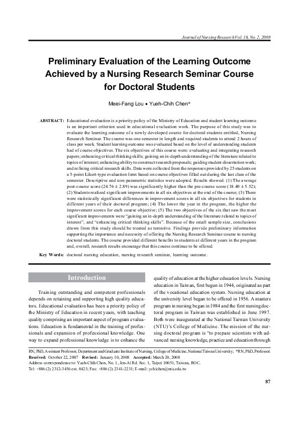 (PDF) Preliminary Evaluation of the Learning Outcome Achieved by a ...