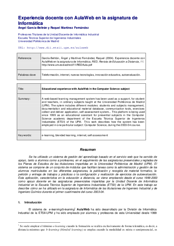 (PDF) Experiencia docente con AulaWeb en la asignatura de Informática