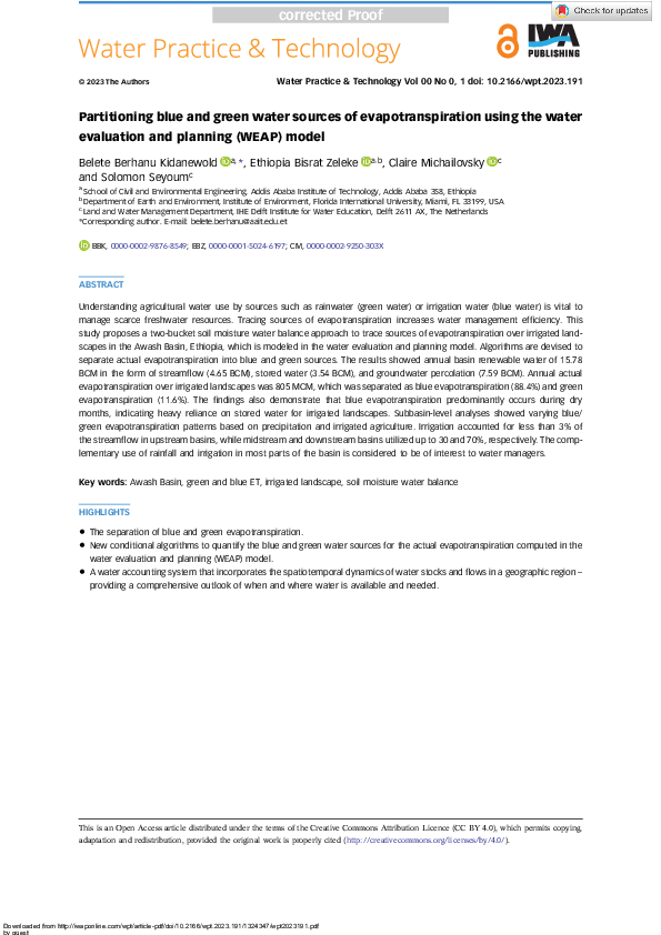 (PDF) Partitioning blue and green water sources of evapotranspiration using the water evaluation ...