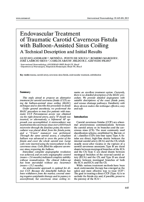 (PDF) Endovascular Treatment of Traumatic Carotid Cavernous Fistula ...