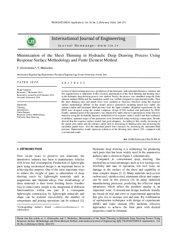(PDF) Minimization of the Sheet Thinning in Hydraulic Deep Drawing Process Using Response ...