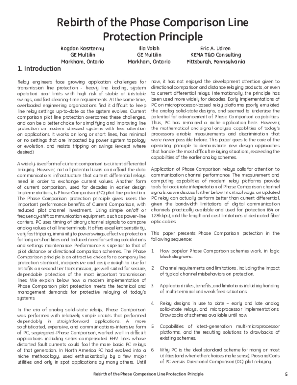 (PDF) Rebirth of the Phase Comparison Line Protection Principle