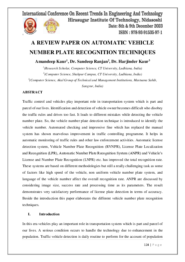 (PDF) A REVIEW PAPER ON AUTOMATIC VEHICLE NUMBER PLATE RECOGNITION TECHNIQUES