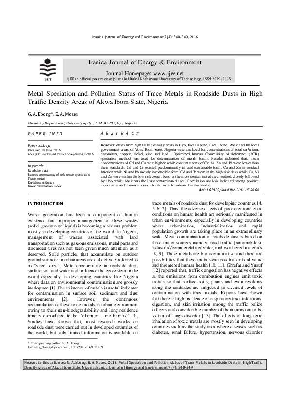 (PDF) Metal Speciation and Pollution status of Trace Metals in Roadside ...