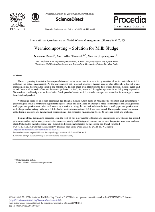 (PDF) Vermicomposting – Solution for Milk Sludge