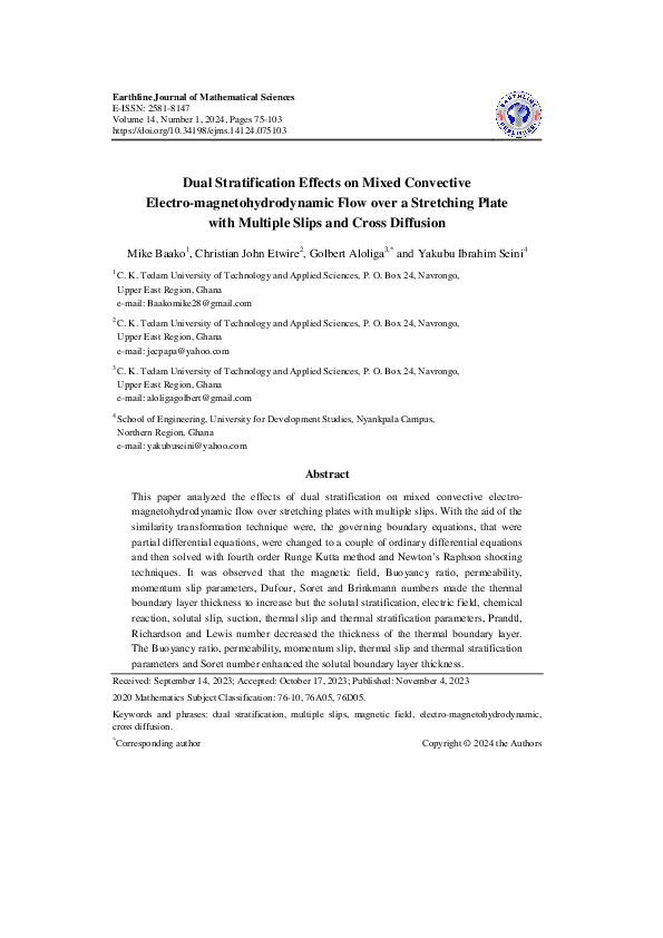 (PDF) Dual Stratification Effects on Mixed Convective Electro-magnetohydrodynamic Flow over a ...