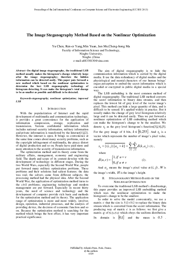 (PDF) The Image Steganography Method Based on the Nonlinear Optimization