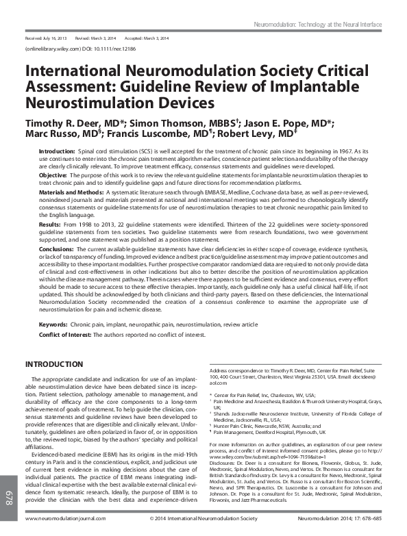 (PDF) International Neuromodulation Society Critical Assessment ...