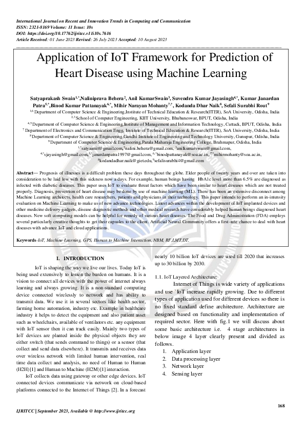 (PDF) Application of IoT Framework for Prediction of Heart Disease using Machine Learning