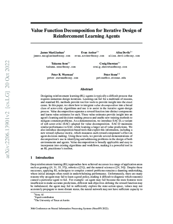 (PDF) Value Function Decomposition for Iterative Design of Reinforcement Learning Agents