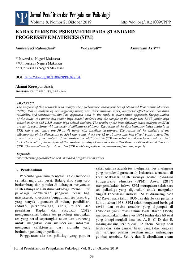 (PDF) Karakteristik Psikometri pada Standard Progressive Matrices (SPM)