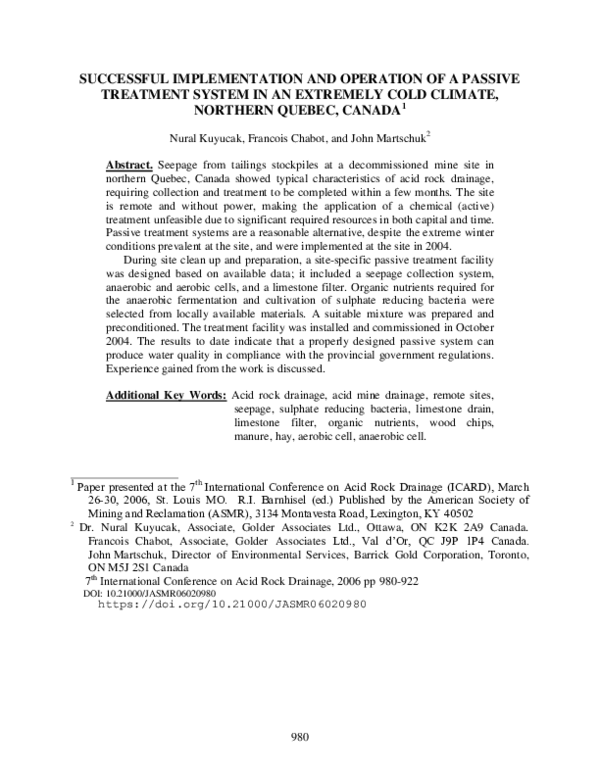 (PDF) Successful Implementation and Operation of a Passive Treatment ...
