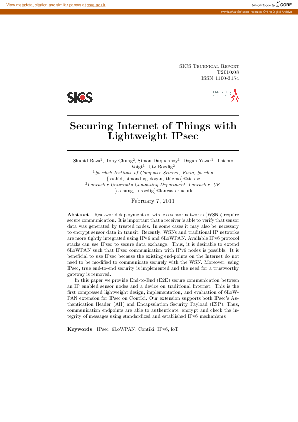 (PDF) Securing Internet of Things with Lightweight IPsec