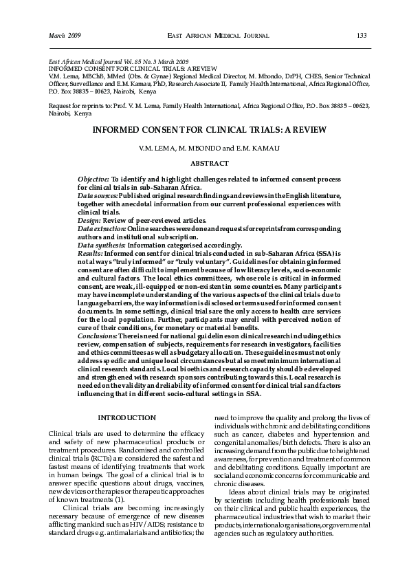 (PDF) Informed consent for clinical trials: a review