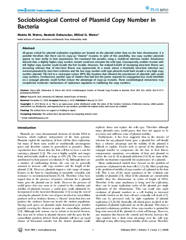 (PDF) Sociobiological Control of Plasmid Copy Number in Bacteria