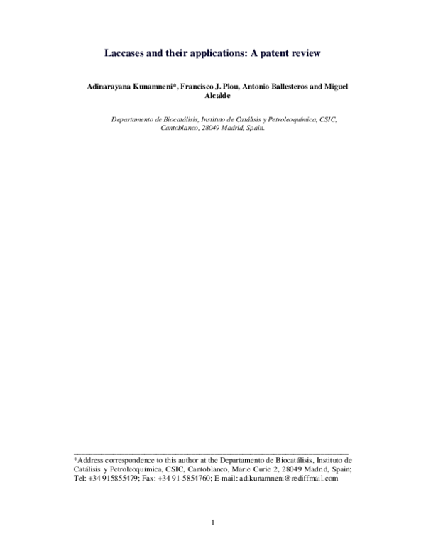 (PDF) Laccases and Their Applications: A Patent Review | Antonio O Ballesteros - Academia.edu