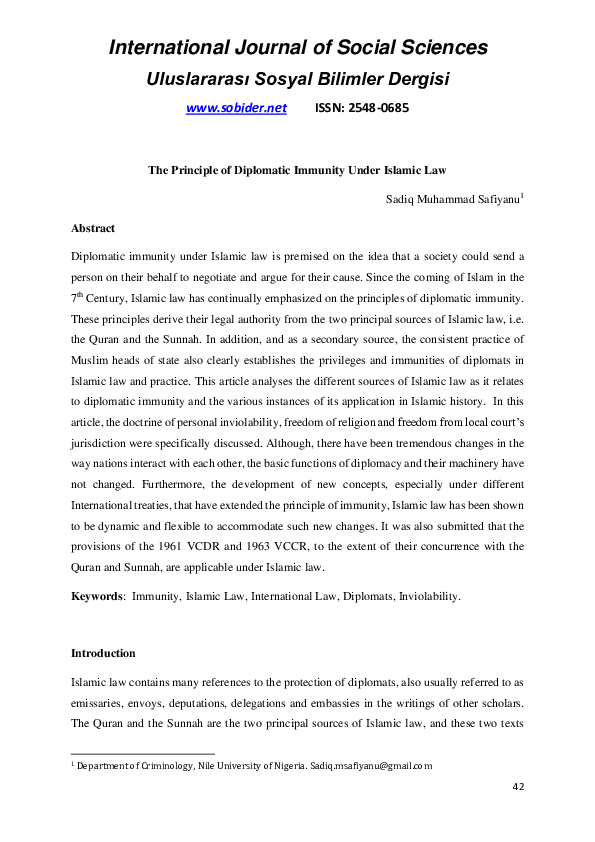 (PDF) The Principle of Diplomatic Immunity Under Islamic Law