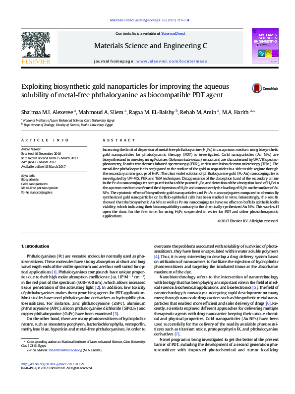 (PDF) Biosynthetic Gold Nanoparticles Enhance Metal-Free Phthalocyanine Solubility