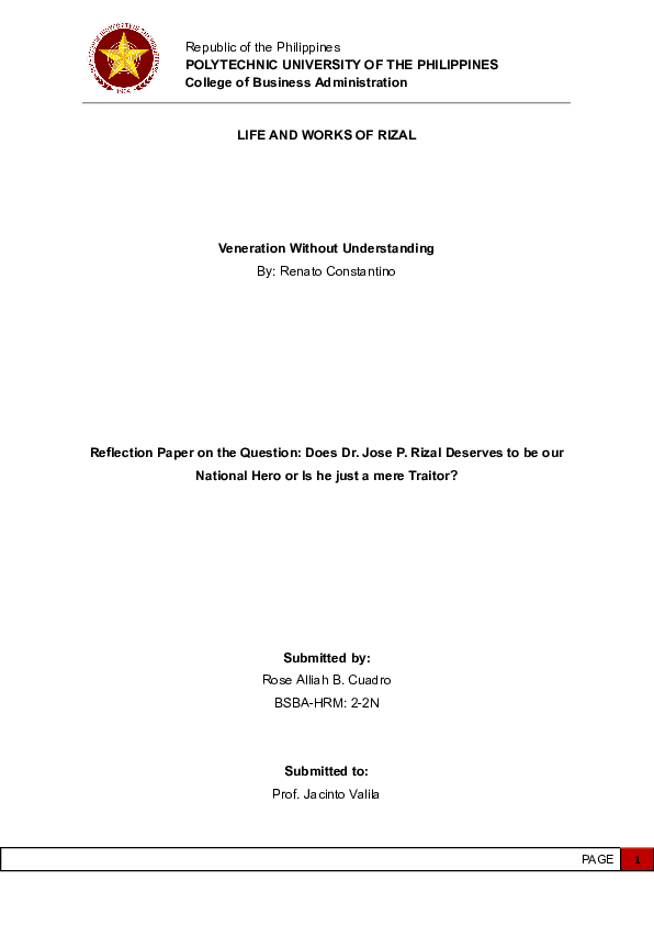 (PDF) LIFE AND WORKS OF RIZAL: Reflection Paper on Veneration Without ...