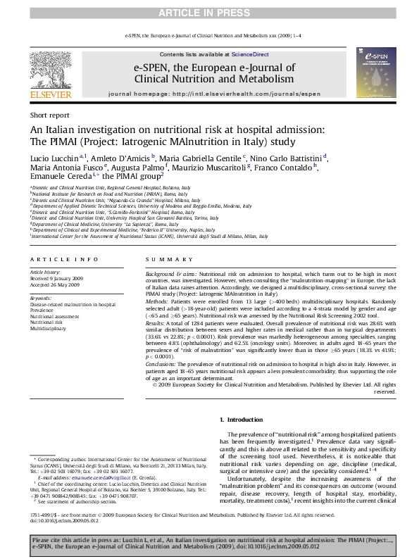 (PDF) An Italian investigation on nutritional risk at hospital ...
