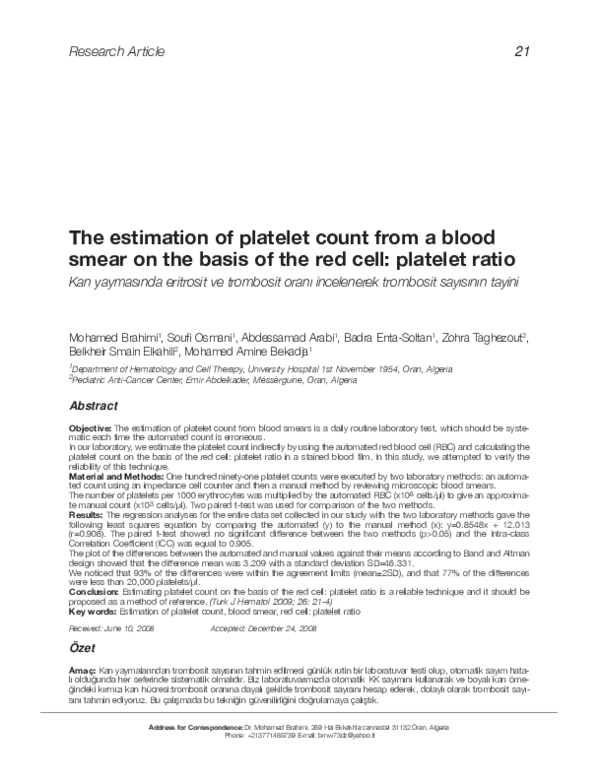 (PDF) The estimation of platelet count from a blood smear on the basis ...