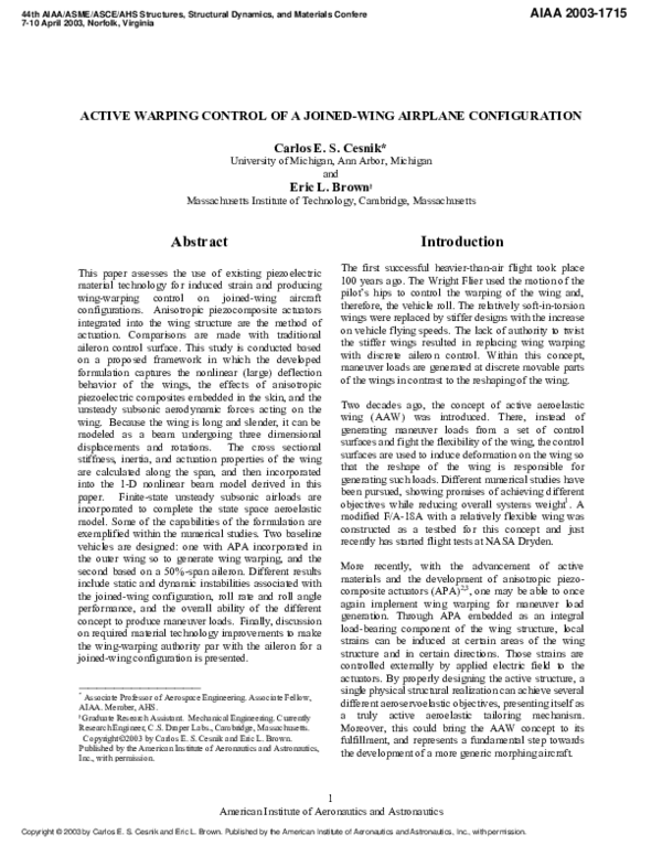 (PDF) Active Warping Control of a Joined Wing/Tail Airplane Configuration