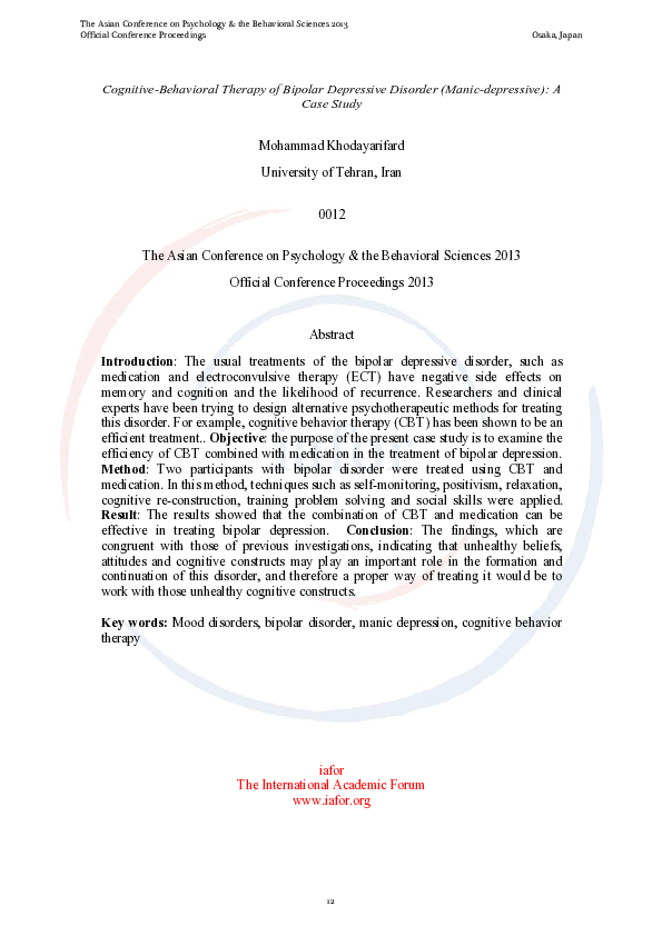 (PDF) Cognitive -Behavioral Therapy of Bipolar Depression Disorders ...