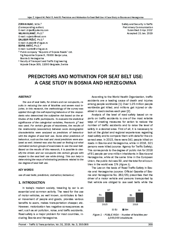 (PDF) Predictors and Motivation for Seat Belt Use – A Case Study in Bosnia and Herzegovina