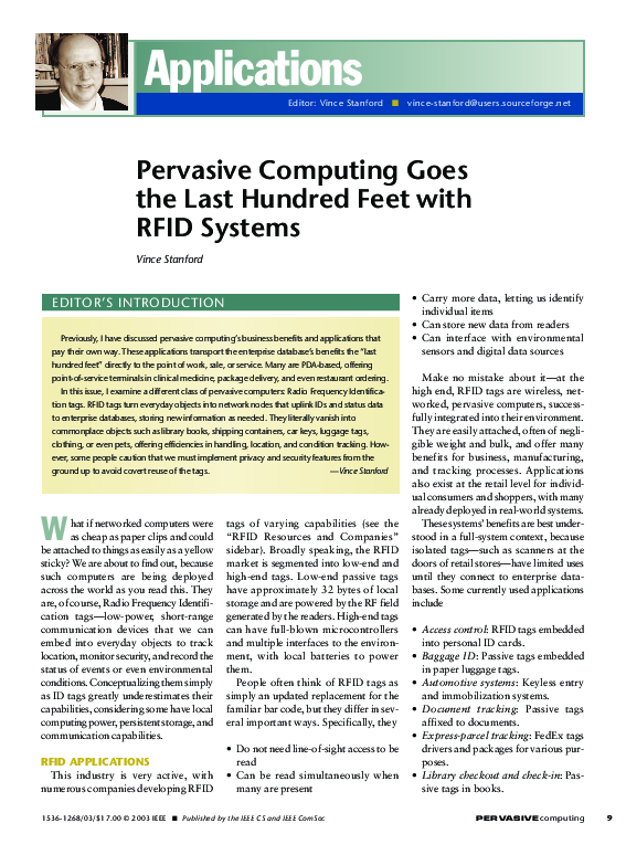 (PDF) Pervasive computing goes the last hundred feet with rfid systems | Vincent Stanford ...