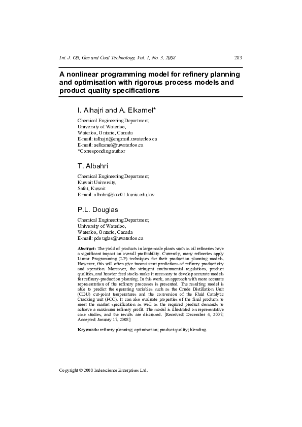 (PDF) A nonlinear programming model for refinery planning and optimisation with rigorous process ...