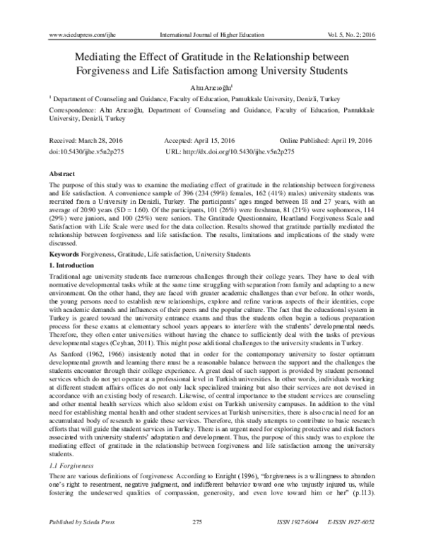 (PDF) Gratitude as a Mediator between Forgiveness and Life Satisfaction