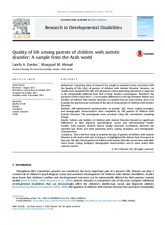 (PDF) Quality of life among parents of children with autistic disorder ...