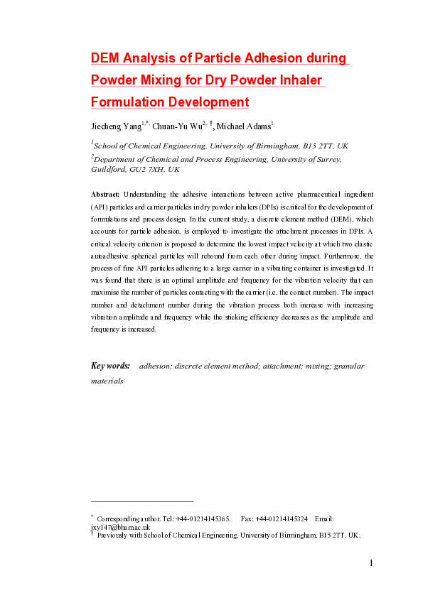 (PDF) DEM analysis of particle adhesion during powder mixing for dry ...