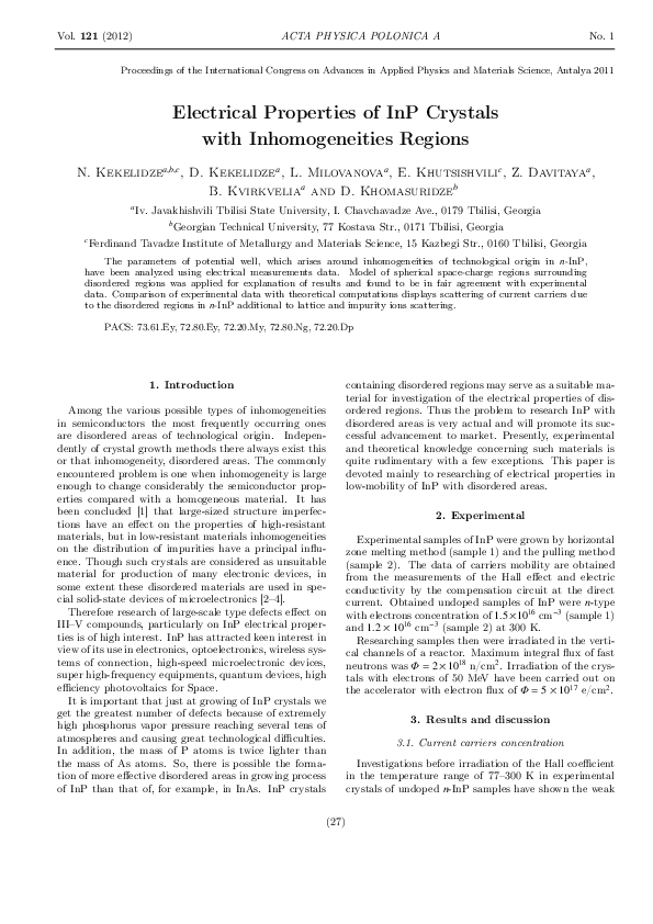 (PDF) Electrical Properties of InP Crystals with Inhomogeneities Regions