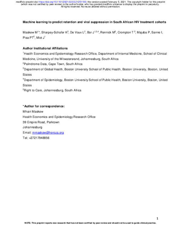 Pdf Machine Learning To Predict Retention And Viral Suppression In South African Hiv Treatment