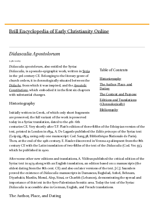 (PDF) Didascalia Apostolorum_Brill Encyclopedia of Early Christianity