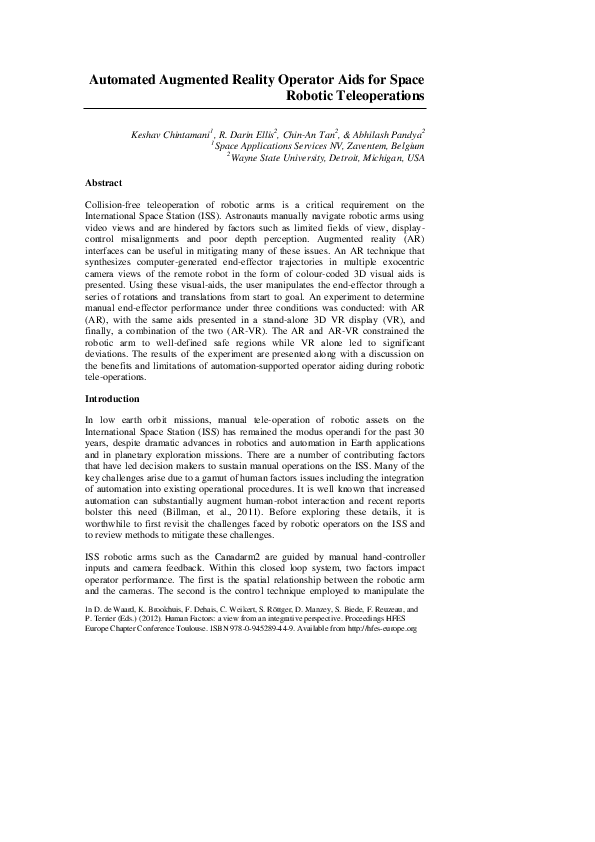 (PDF) Automated Augmented Reality Operator Aids for Space Robotic ...