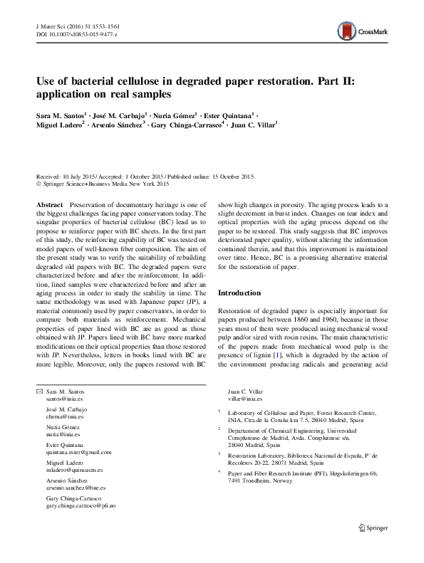 (PDF) Use of bacterial cellulose in degraded paper restoration. Part II ...