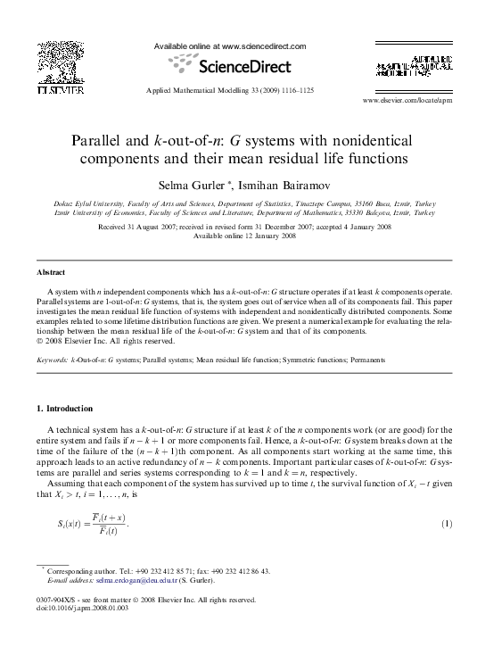 (PDF) Parallel and k-out-of-n: G systems with nonidentical components and their mean residual ...