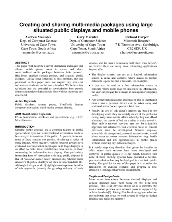 (PDF) Creating and sharing multi-media packages using large situated public displays and mobile ...