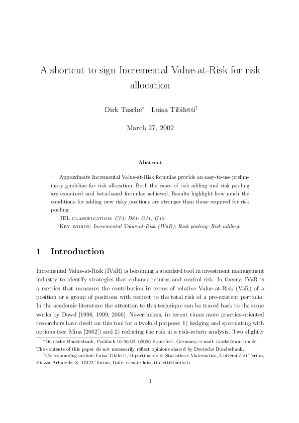 (PDF) A Shortcut to Sign Incremental Value at Risk for Risk Allocation