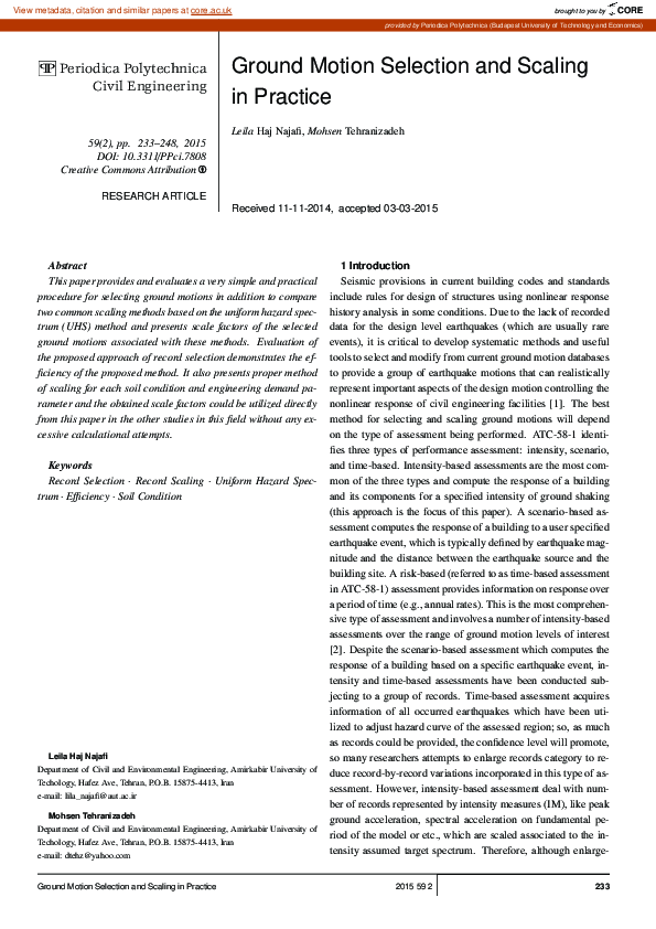(PDF) Ground Motion Selection and Scaling in Practice