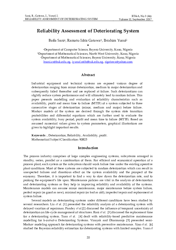 Pdf Reliability Assessment Of Deteriorating System